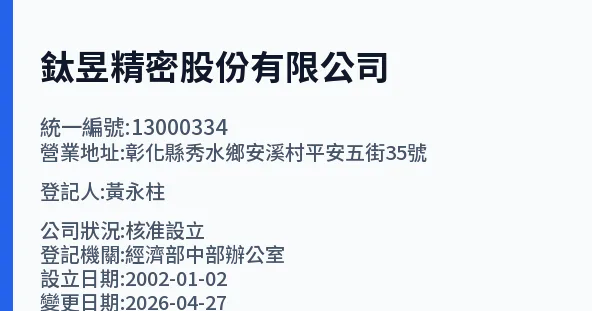 鈦昱精密股份有限公司的照片-統編 13000334(彰化縣) 公司登記資料與營業項目詳細圖表