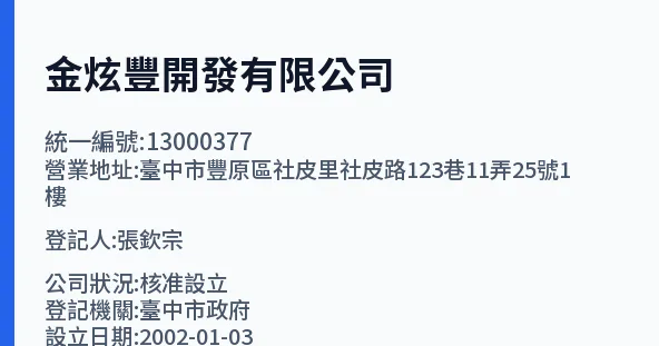 金炫豐開發有限公司的照片-統編 13000377(臺中市) 公司登記資料與營業項目詳細圖表