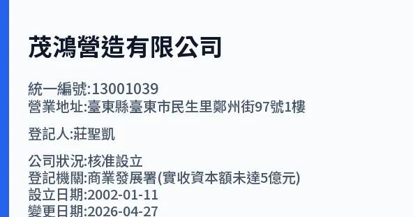 茂鴻營造有限公司的照片-統編 13001039(臺東縣) 公司登記資料與營業項目詳細圖表