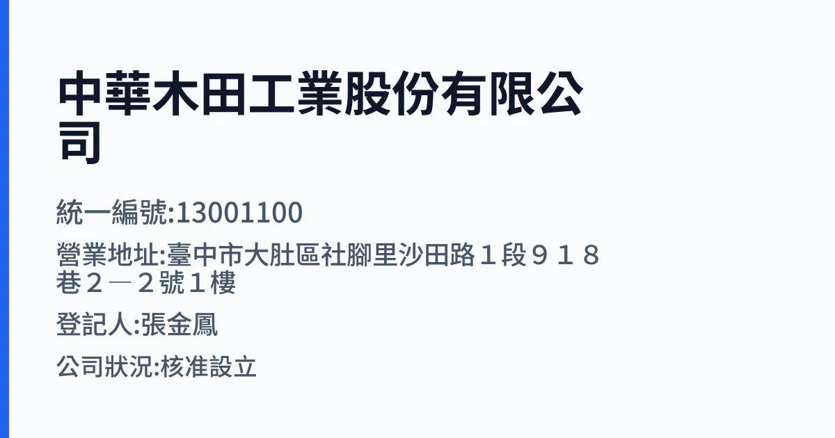中華木田工業股份有限公司 - 統編 13001100(新竹市) 公司登記資料與營業項目詳細圖表
