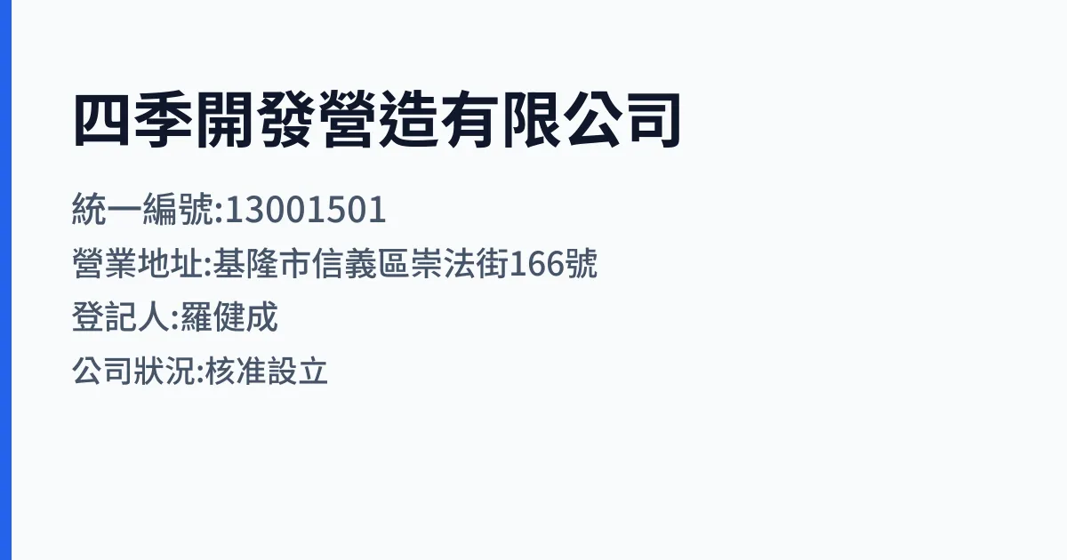 四季開發營造有限公司 - 統編 13001501(基隆市) 公司登記資料與營業項目詳細圖表