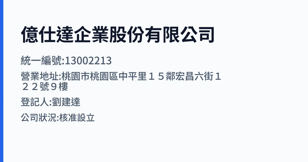 億仕達企業股份有限公司 - 統編 13002213(桃園市) 公司登記資料與營業項目詳細圖表