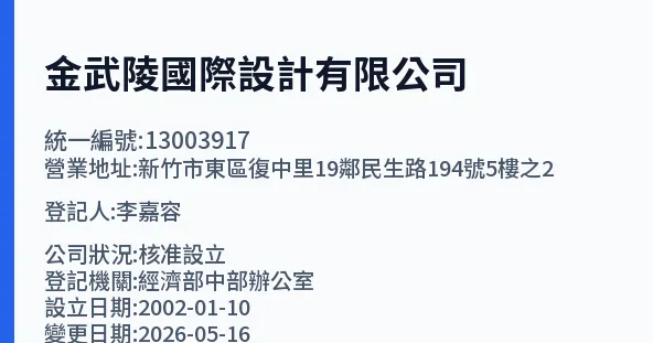 金武陵國際設計有限公司的照片-統編 13003917(新竹市) 公司登記資料與營業項目詳細圖表