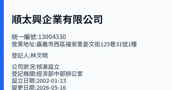 順太興企業有限公司的照片-統編 13004330(嘉義市) 公司登記資料與營業項目詳細圖表