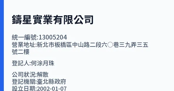 鑄星實業有限公司的照片-統編 13005204(新北市) 公司登記資料與營業項目詳細圖表