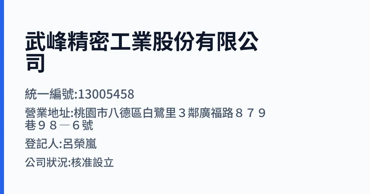 武峰精密工業股份有限公司 - 統編 13005458(桃園市) 公司登記資料與營業項目詳細圖表