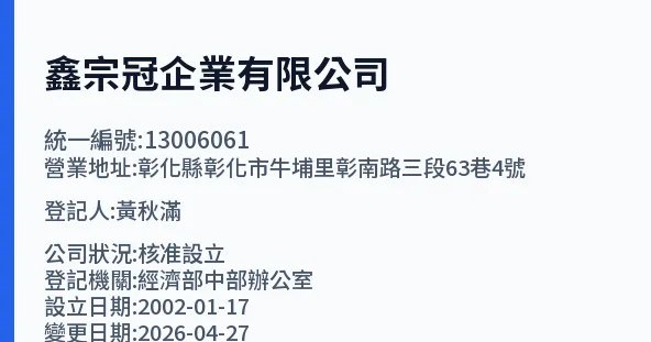 鑫宗冠企業有限公司的照片-統編 13006061(彰化縣) 公司登記資料與營業項目詳細圖表