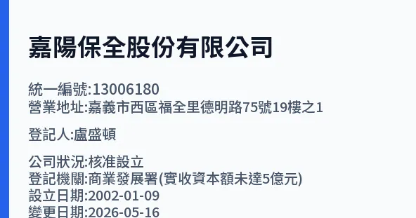 嘉陽保全股份有限公司的照片-統編 13006180(嘉義市) 公司登記資料與營業項目詳細圖表