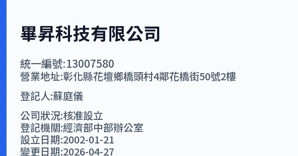 畢昇科技有限公司的照片-統編 13007580(彰化縣) 公司登記資料與營業項目詳細圖表