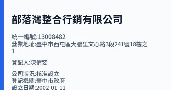 部落灣整合行銷有限公司的照片-統編 13008482(臺中市) 公司登記資料與營業項目詳細圖表