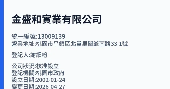 金盛和實業有限公司的照片-統編 13009139(桃園市) 公司登記資料與營業項目詳細圖表
