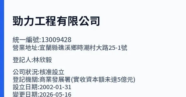 勁力工程有限公司的照片-統編 13009428(宜蘭縣) 公司登記資料與營業項目詳細圖表