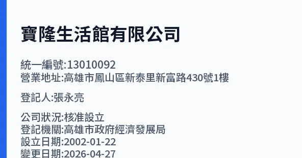 寶隆生活館有限公司的照片-統編 13010092(高雄市) 公司登記資料與營業項目詳細圖表