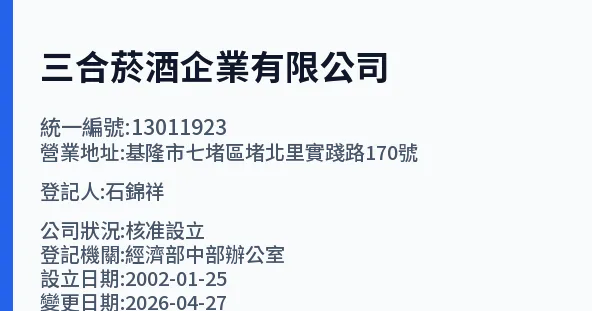 三合菸酒企業有限公司的照片-統編 13011923(基隆市) 公司登記資料與營業項目詳細圖表