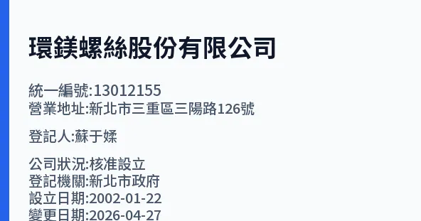 環鎂螺絲股份有限公司的照片-統編 13012155(新北市) 公司登記資料與營業項目詳細圖表