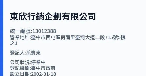 東欣行銷企劃有限公司的照片-統編 13012388(臺中市) 公司登記資料與營業項目詳細圖表