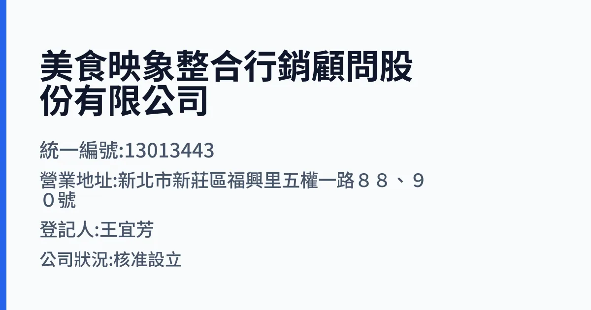 美食映象整合行銷顧問股份有限公司 - 統編 13013443(新北市) 公司登記資料與營業項目詳細圖表