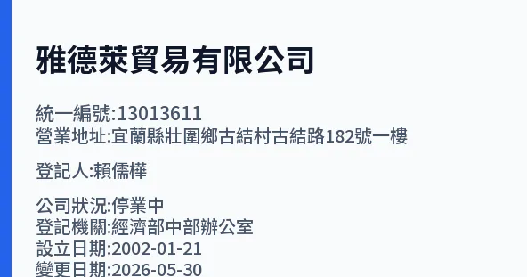 雅德萊貿易有限公司的照片-統編 13013611(宜蘭縣) 公司登記資料與營業項目詳細圖表