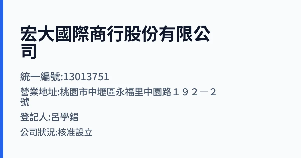 宏大國際商行股份有限公司 - 統編 13013751(桃園市) 公司登記資料與營業項目詳細圖表