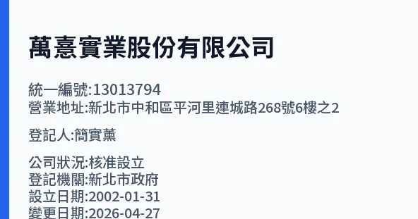 萬憙實業股份有限公司的照片-統編 13013794(新北市) 公司登記資料與營業項目詳細圖表