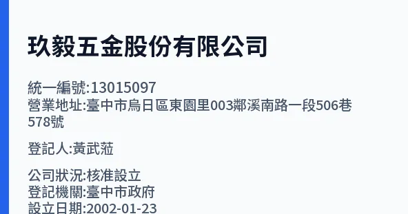 玖毅五金股份有限公司的照片-統編 13015097(臺中市) 公司登記資料與營業項目詳細圖表
