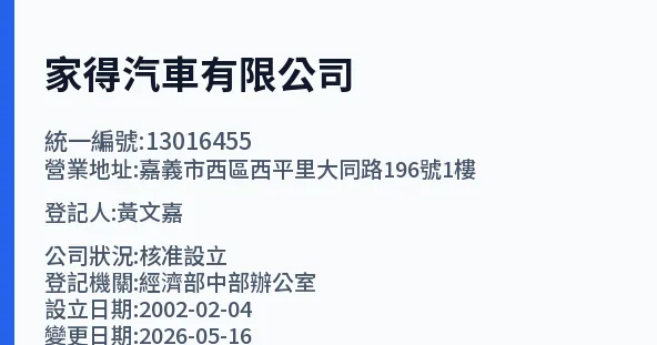 家得汽車有限公司的照片-統編 13016455(嘉義市) 公司登記資料與營業項目詳細圖表