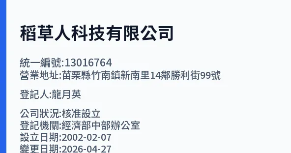稻草人科技有限公司的照片-統編 13016764(苗栗縣) 公司登記資料與營業項目詳細圖表