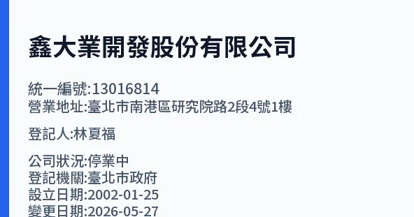 鑫大業開發股份有限公司的照片-統編 13016814(臺北市) 公司登記資料與營業項目詳細圖表