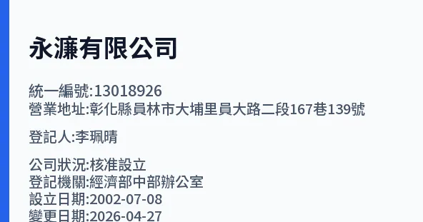 永濂有限公司的照片-統編 13018926(彰化縣) 公司登記資料與營業項目詳細圖表