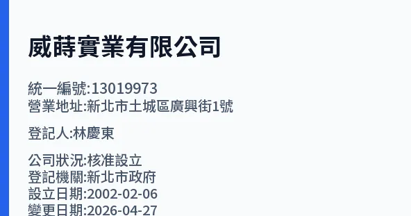 威蒔實業有限公司的照片-統編 13019973(新北市) 公司登記資料與營業項目詳細圖表