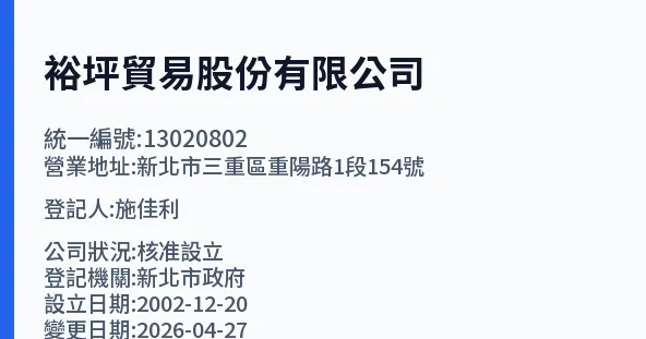 裕坪貿易股份有限公司的照片-統編 13020802(新北市) 公司登記資料與營業項目詳細圖表