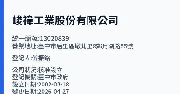 峻禕工業股份有限公司的照片-統編 13020839(臺中市) 公司登記資料與營業項目詳細圖表