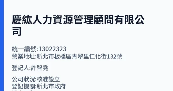 慶紘人力資源管理顧問有限公司的照片-統編 13022323(新北市) 公司登記資料與營業項目詳細圖表