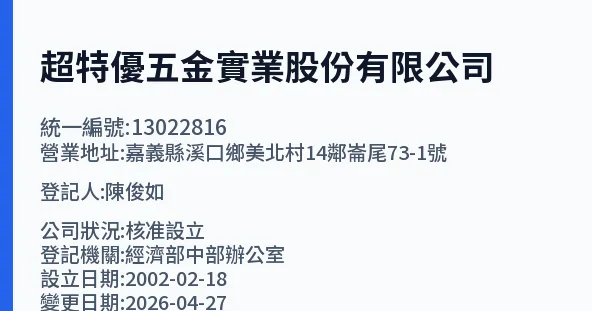 超特優五金實業股份有限公司的照片-統編 13022816(嘉義縣) 公司登記資料與營業項目詳細圖表