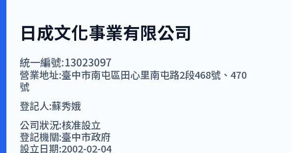 日成文化事業有限公司的照片-統編 13023097(臺中市) 公司登記資料與營業項目詳細圖表
