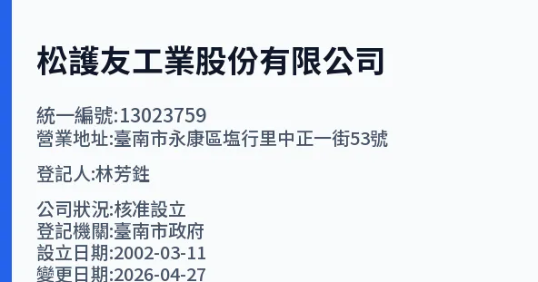 松護友工業股份有限公司的照片-統編 13023759(臺南市) 公司登記資料與營業項目詳細圖表