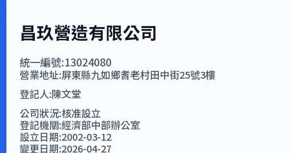 昌玖營造有限公司的照片-統編 13024080(屏東縣) 公司登記資料與營業項目詳細圖表