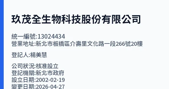 玖茂全生物科技股份有限公司的照片-統編 13024434(新北市) 公司登記資料與營業項目詳細圖表