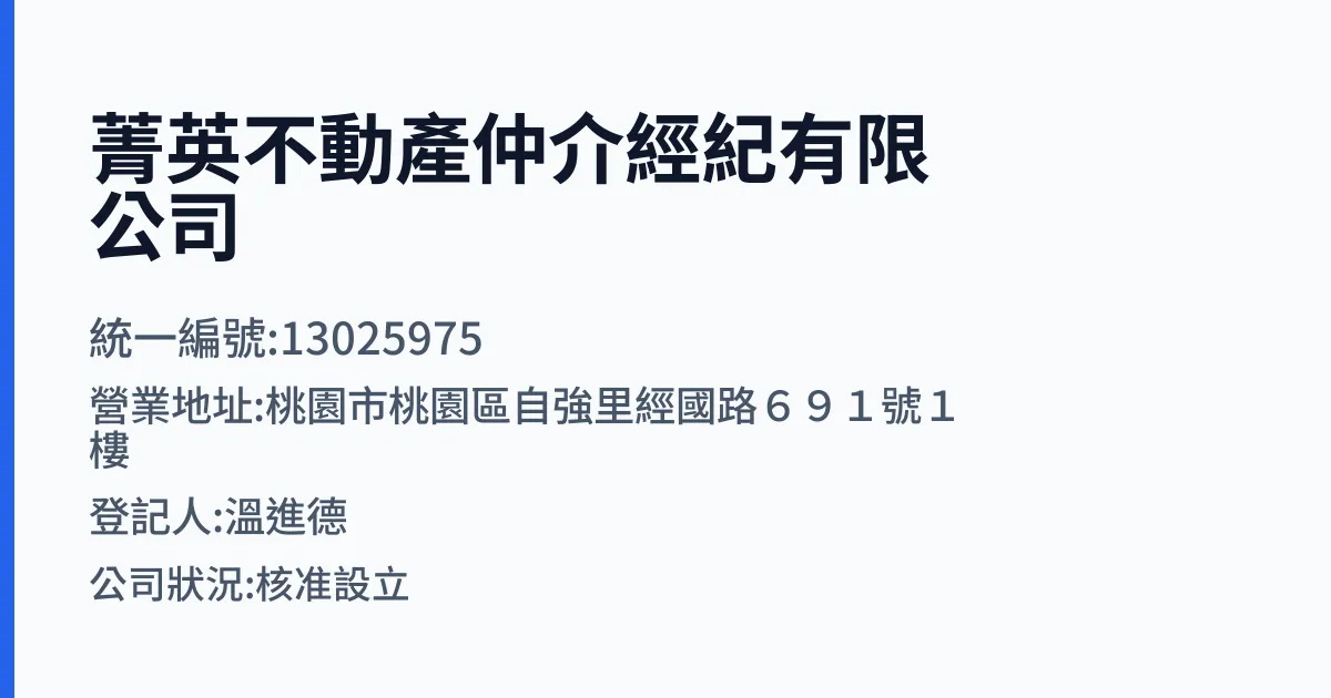 菁英不動產仲介經紀有限公司 - 統編 13025975(桃園市) 公司登記資料與營業項目詳細圖表