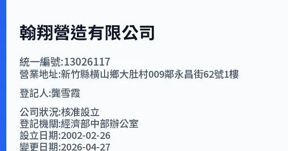 翰翔營造有限公司的照片-統編 13026117(新竹縣) 公司登記資料與營業項目詳細圖表