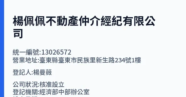 楊佩佩不動產仲介經紀有限公司的照片-統編 13026572(臺東縣) 公司登記資料與營業項目詳細圖表