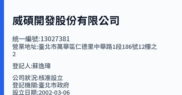 威碩開發股份有限公司的照片-統編 13027381(臺北市) 公司登記資料與營業項目詳細圖表