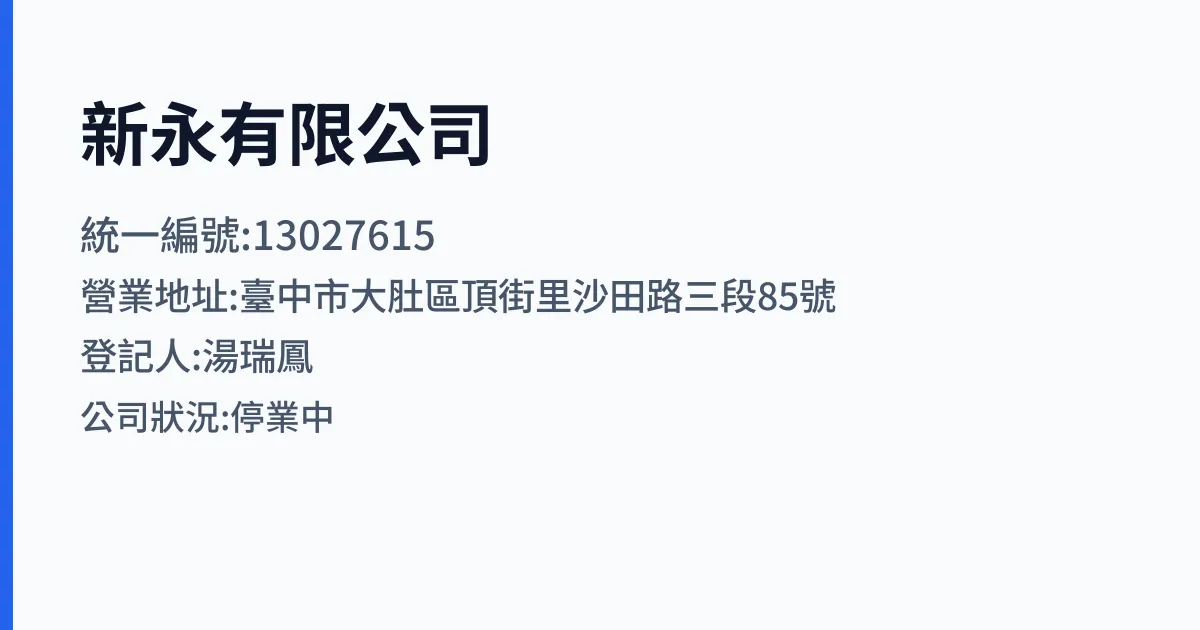 新永有限公司 - 統編 13027615(臺中市) 公司登記資料與營業項目詳細圖表