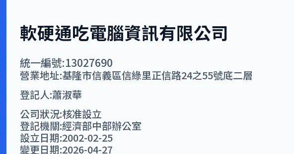 軟硬通吃電腦資訊有限公司的照片-統編 13027690(基隆市) 公司登記資料與營業項目詳細圖表