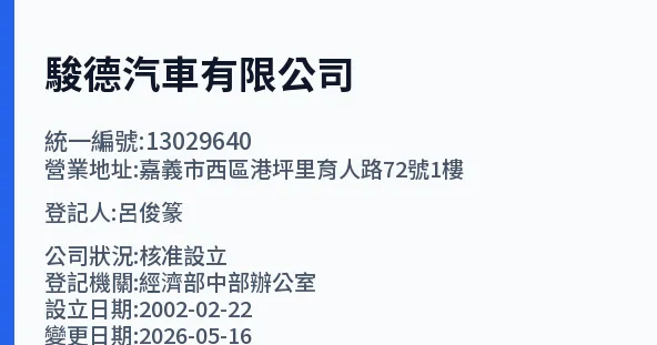 駿德汽車有限公司的照片-統編 13029640(嘉義市) 公司登記資料與營業項目詳細圖表