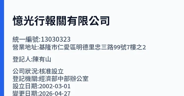 憶光行報關有限公司的照片-統編 13030323(基隆市) 公司登記資料與營業項目詳細圖表