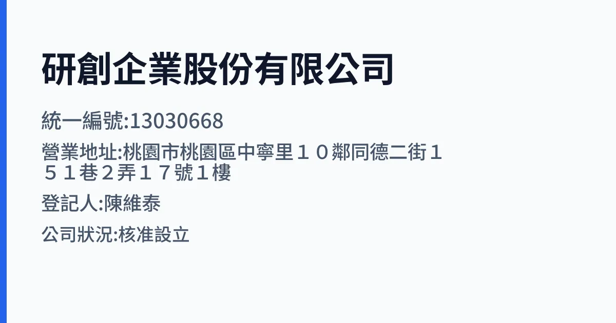 研創企業股份有限公司 - 統編 13030668(桃園市) 公司登記資料與營業項目詳細圖表