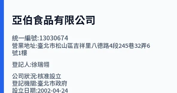 亞伯食品有限公司的照片-統編 13030674(臺北市) 公司登記資料與營業項目詳細圖表
