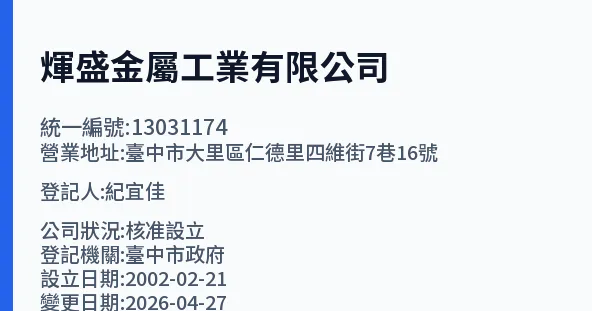 煇盛金屬工業有限公司的照片-統編 13031174(臺中市) 公司登記資料與營業項目詳細圖表