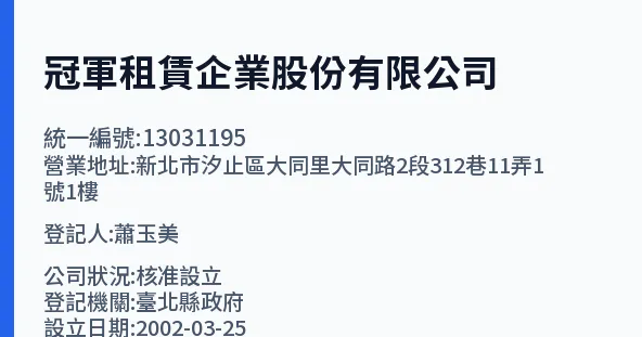 冠軍租賃企業股份有限公司的照片-統編 13031195(新北市) 公司登記資料與營業項目詳細圖表
